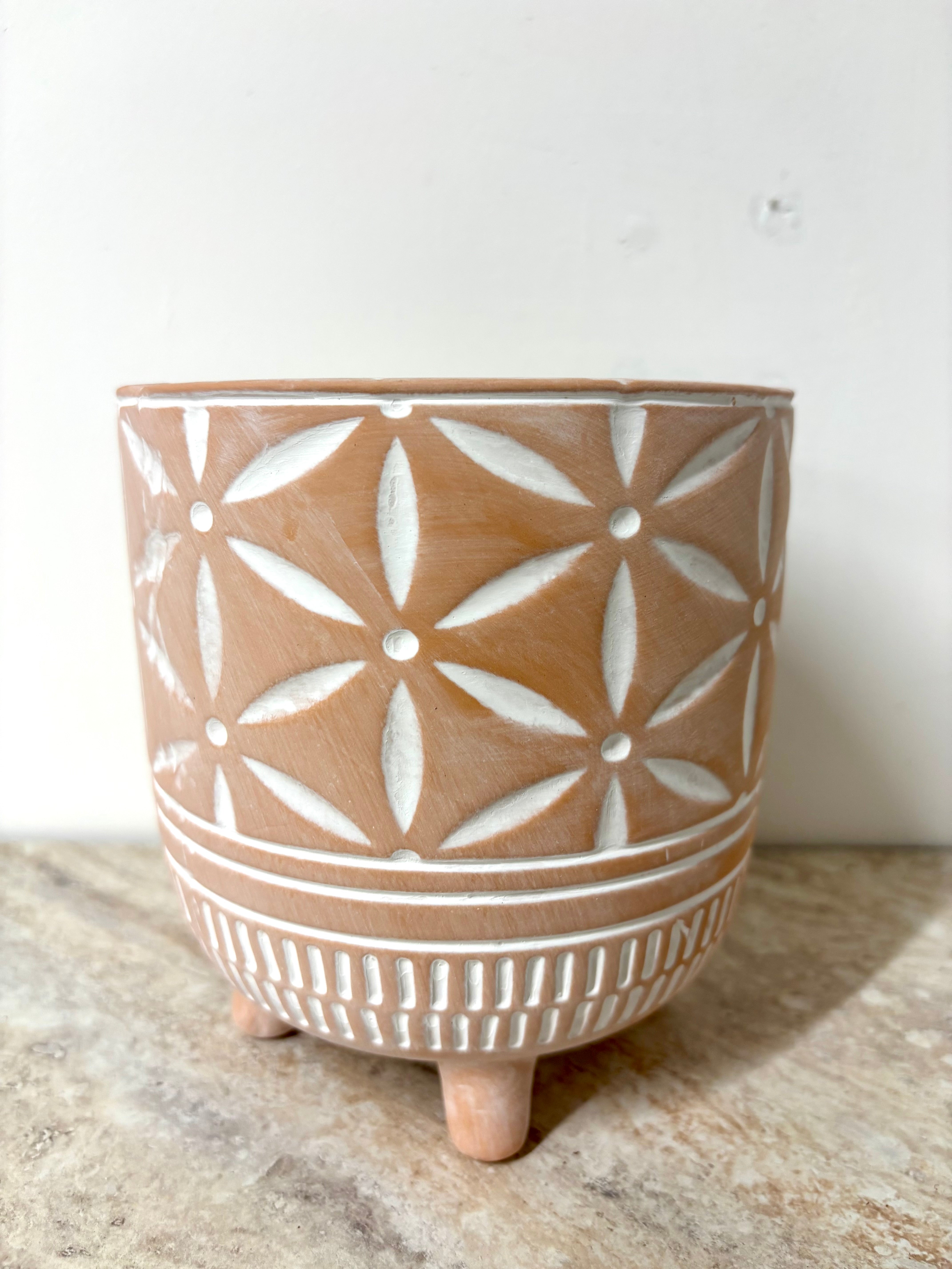 Terracotta pattern pot on legs – House Plants by Laura